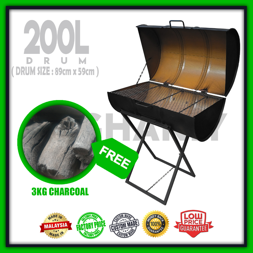 BBQ Grill Outdoor Drum Set Tong Drum 200L BBQ Set Complete With Grill Net Big Size (Full Set ...