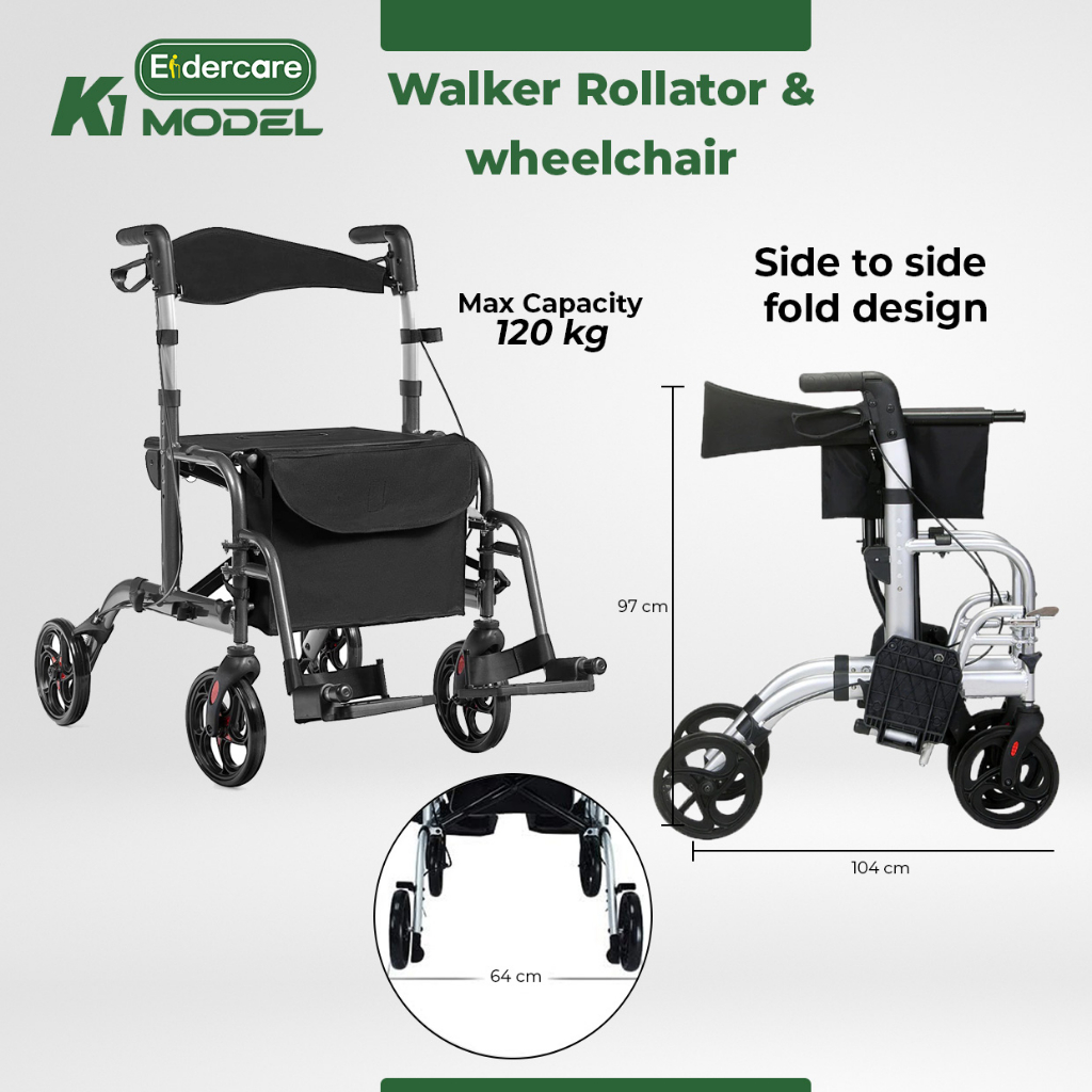 [Eldercare] 2 in 1 Foldable, Lightweight, 4 Wheel Walker Rollator and ...