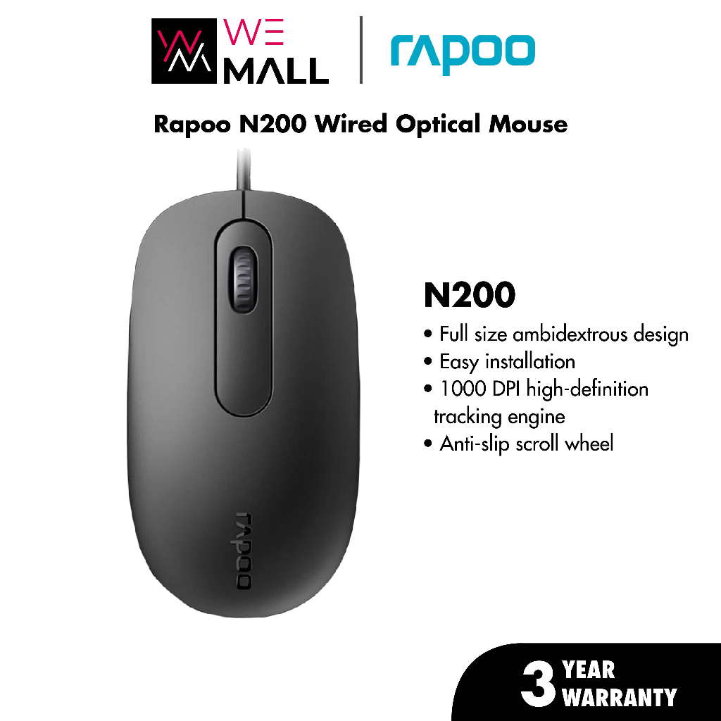 Rapoo N200 Wired Optical Mouse Black - 3 Years Warranty | Shopee Malaysia