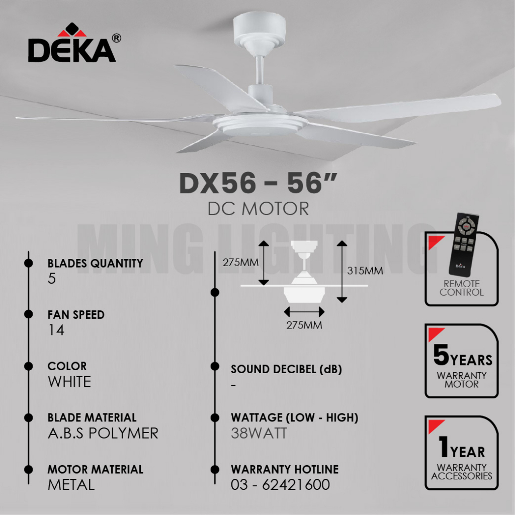 (Sirim) DEKA Ceiling Fan DX56 Remote Control 5 ABS Blades 56" DC Motor 7+7 Speed Kipas Siling ...
