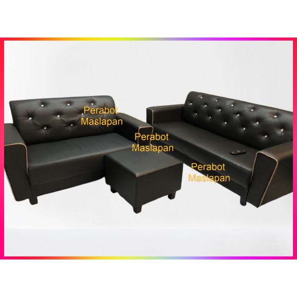 High Class Sofa Hitam PVC Black Sofa 2 Seater 3 Seater Free 1 Stool ...
