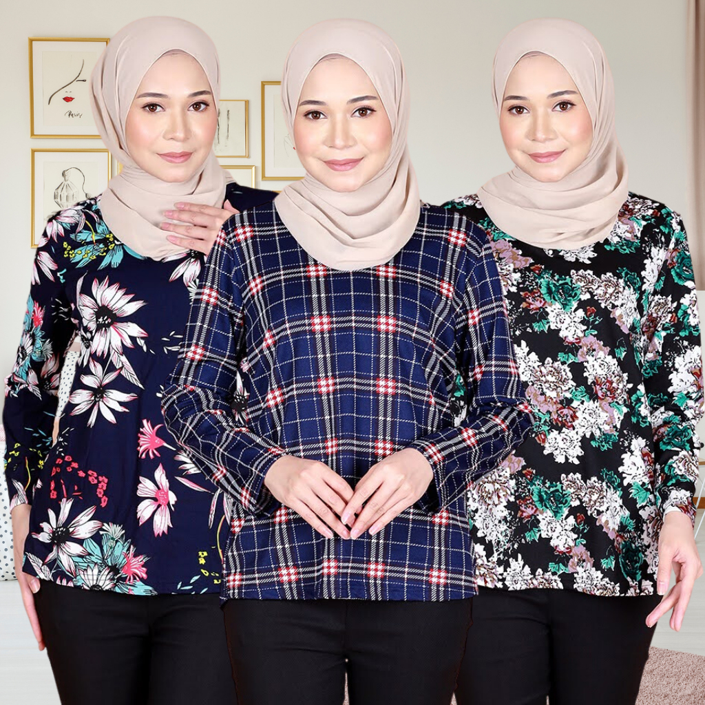 Women Neckline Button Floral Long Sleeves Blouse Baju Muslimah Wanita ...