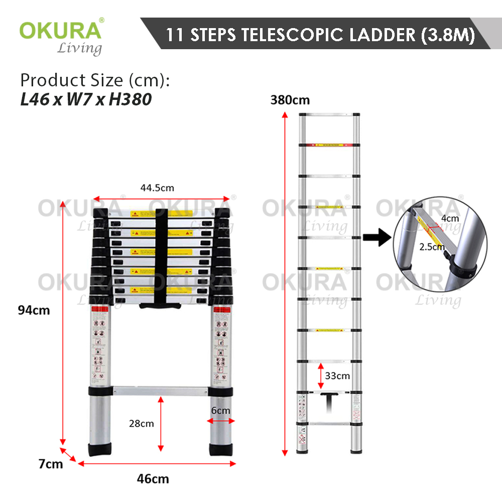OKURA Multipurpose Telescopic Aluminum Ladder 3.2m/3.8m/4.4m Extendable Foldable Ladder ...