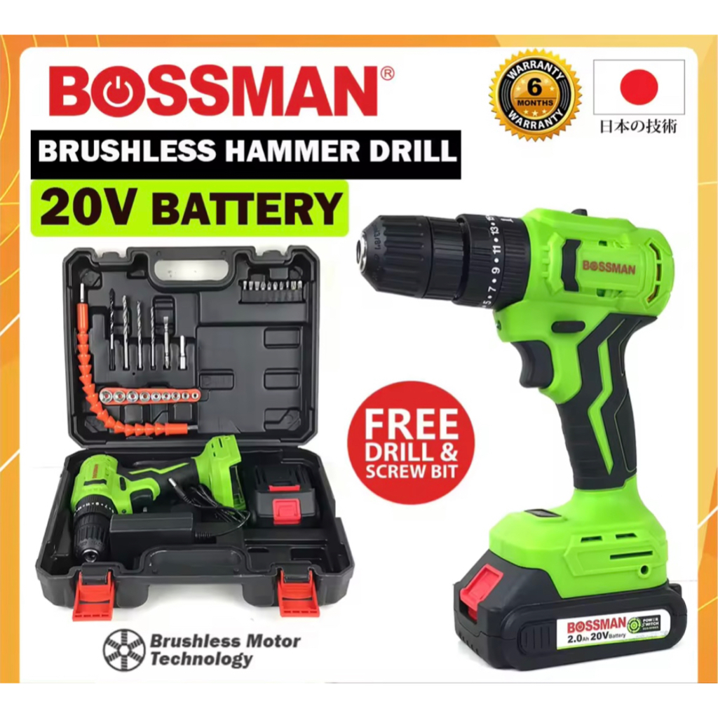 BOSSMAN 20V Brushless Cordless Impact Hammer Drill with Tools Kit - BHD ...