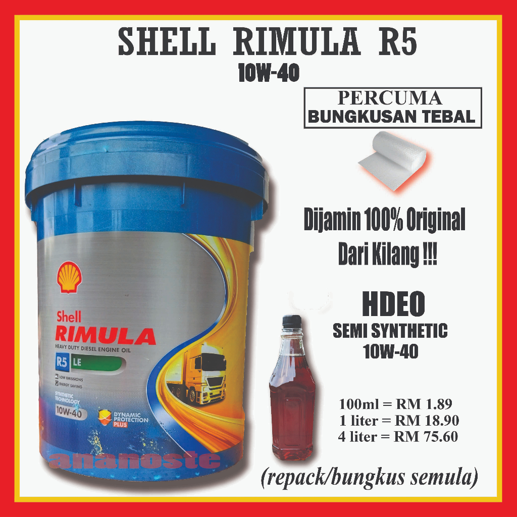 SHELL RIMULA R5 LE repack 10w40 100% ORIGINAL SEMI SYNTHETIC MINYAK ...