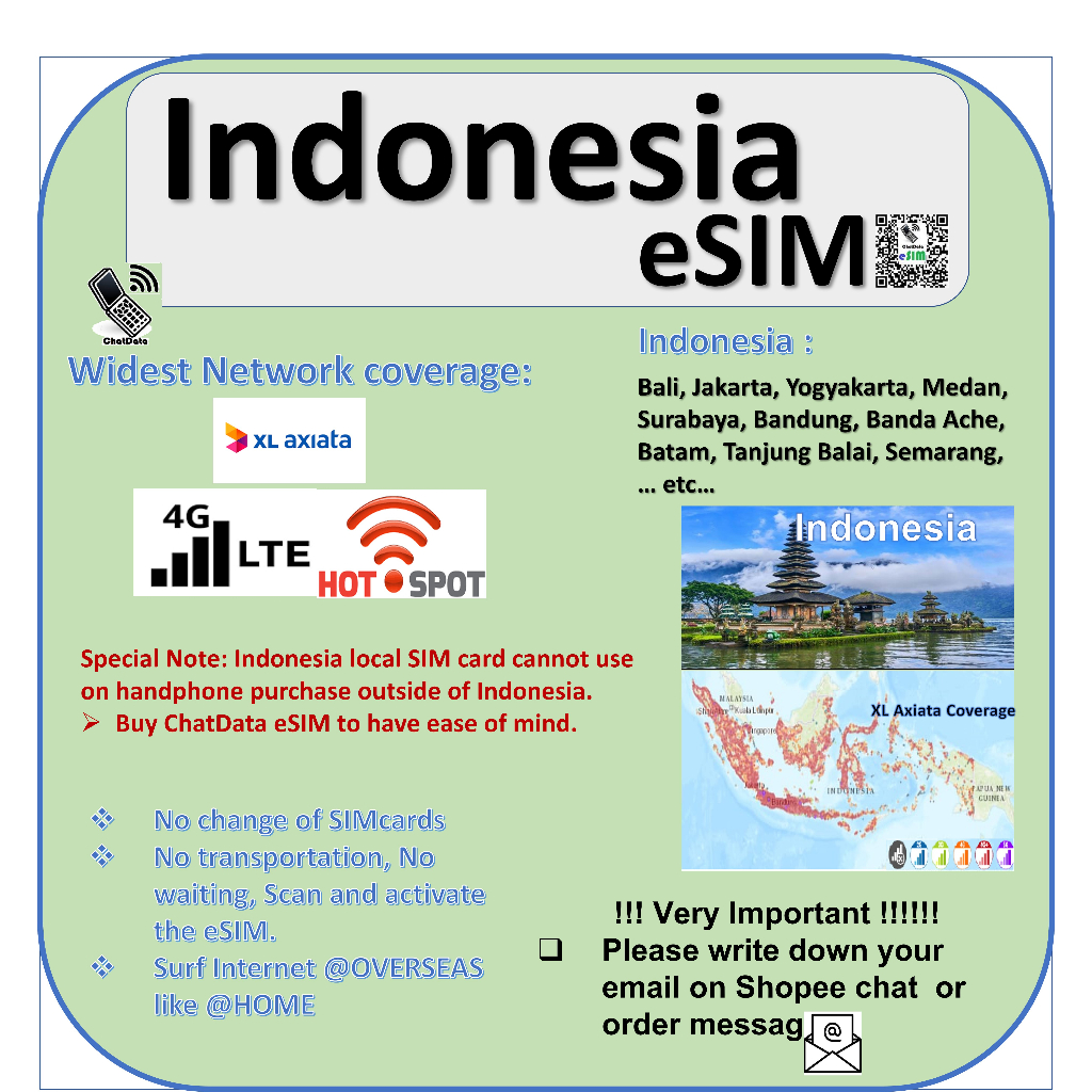 eSIM Indonesia SIM, (Bali, Jakarta, Medan, Surabaya, Bandung, Banda ...