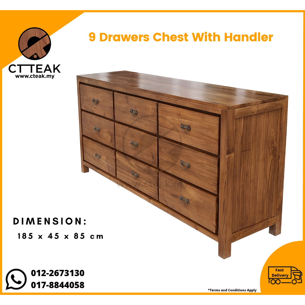 CT Teak Furniture Jati / Teak Wood 9 Drawers Chest | Shopee Malaysia
