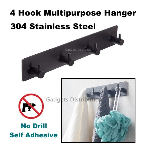 Self Adhesive No Drilling 304 Stainless Steel 4 Hook Bathroom Bedroom ...