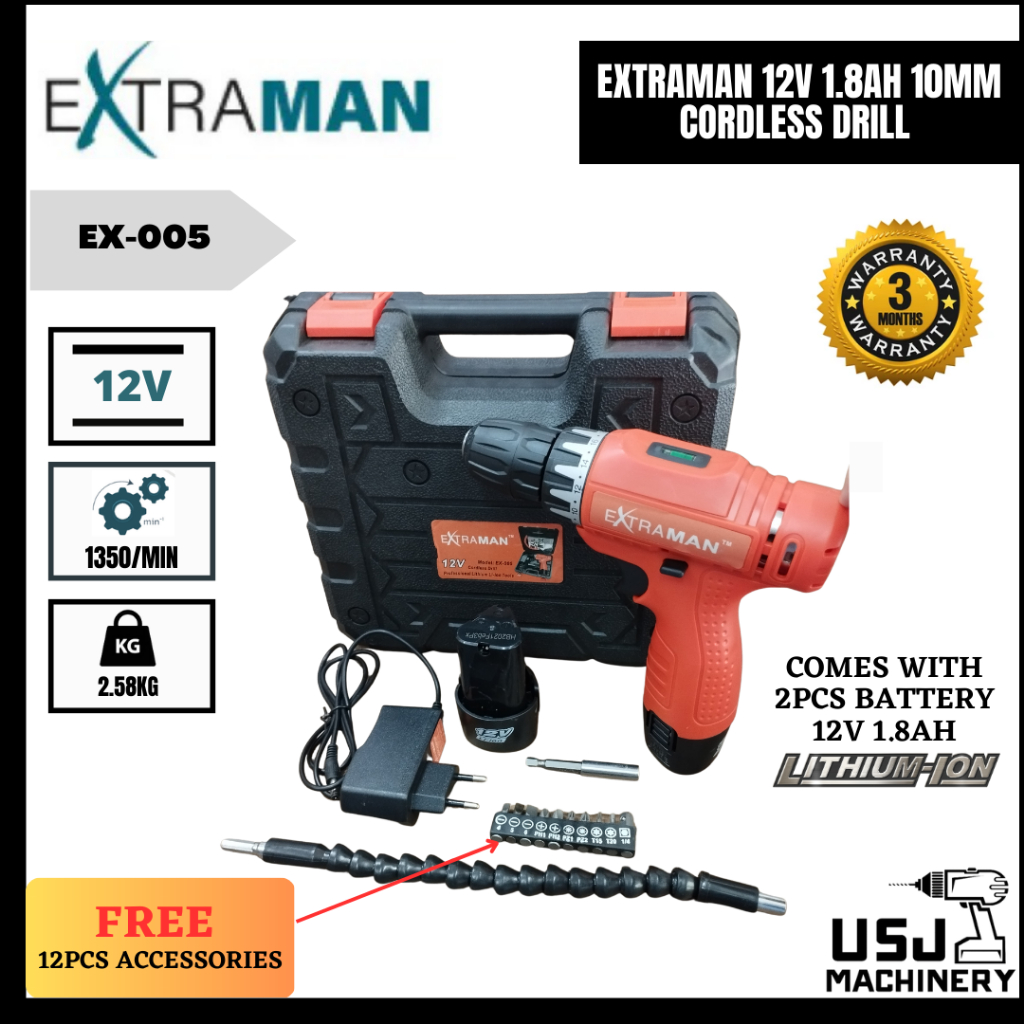 EXTRAMAN 12V Cordless Drill with 2pcs 1.8Ah Battery EX-005 - FOC 12pcs Flexible Shaft Bits Set ...