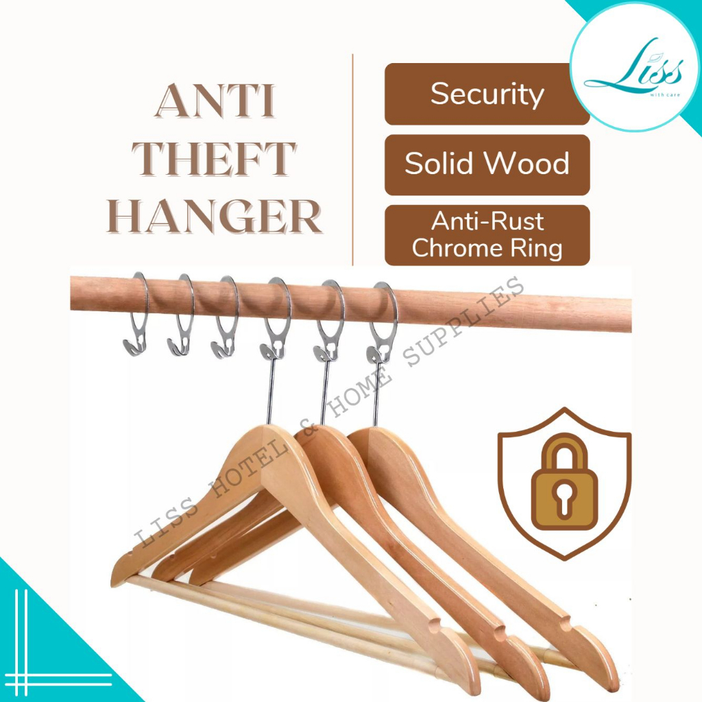 LISS Anti-Theft Wooden Hotel Hanger with Security Chrome Ring | Shopee ...