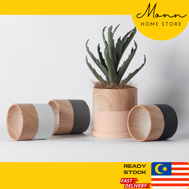 [READY STOCK] MONN Wood Style Ceramic Flower Pot for Home Office Deco ...