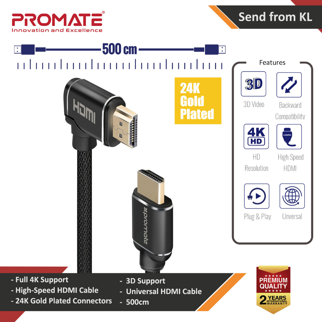 Promate 4K L Shape Right Angle HDMI Cable 24K Gold Plated Connector ...