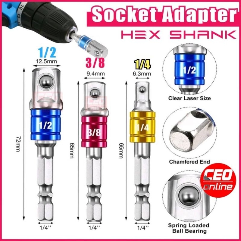 CEO 🇲🇾 3pcs/set Chrome Vanadium Steel Socket Adapter Hex Shank 1/4" 3/8 ...