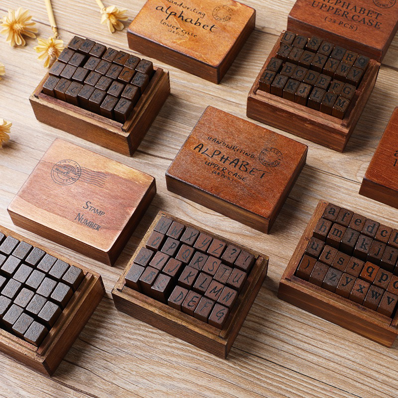 [ALPHABET & SYMBOL WOODEN STAMP] Giftandtape Set of 28 Upper Case Lower ...