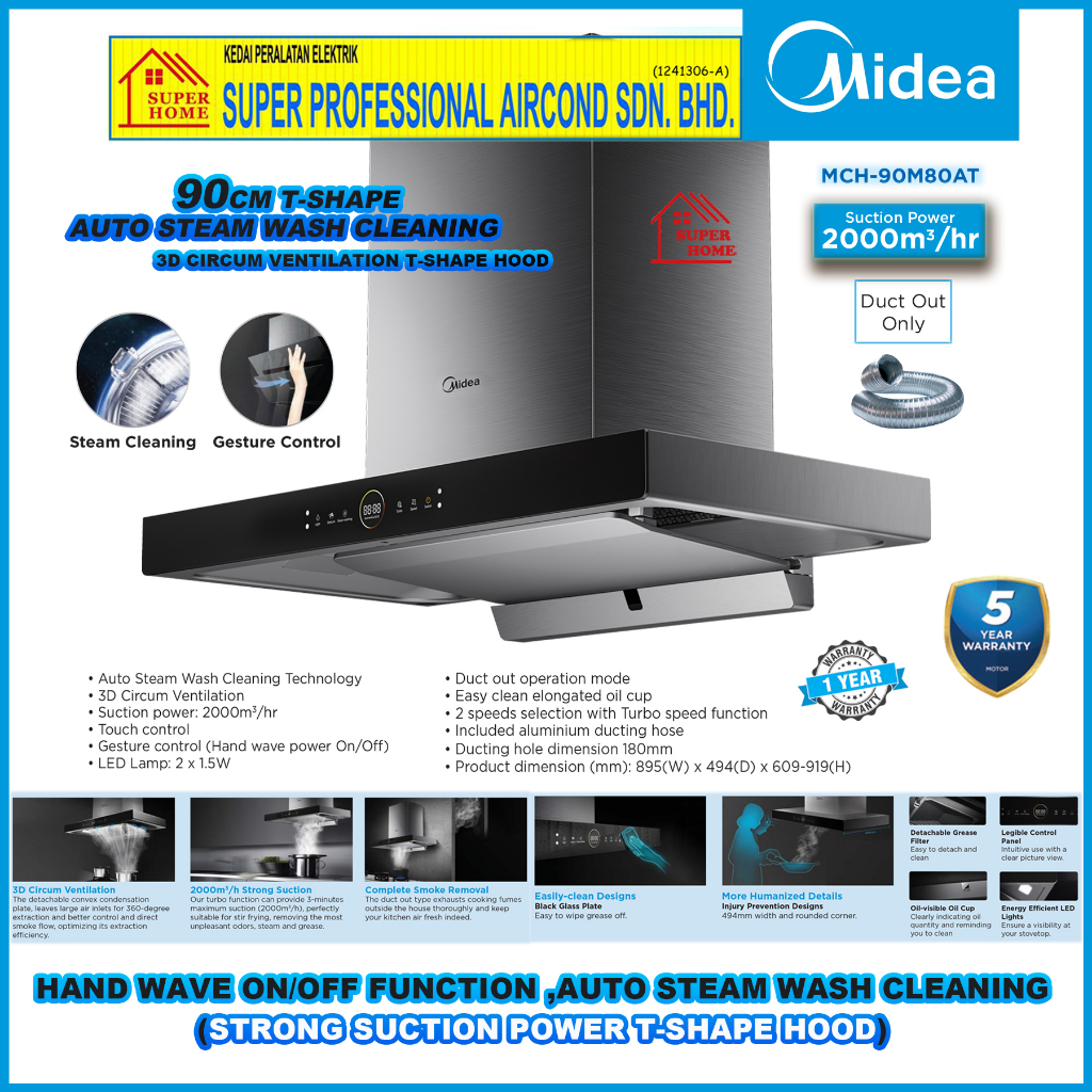 Midea Cooker Hood MCH-90M80AT 90cm T-Shape Designer Hood ((suction ...