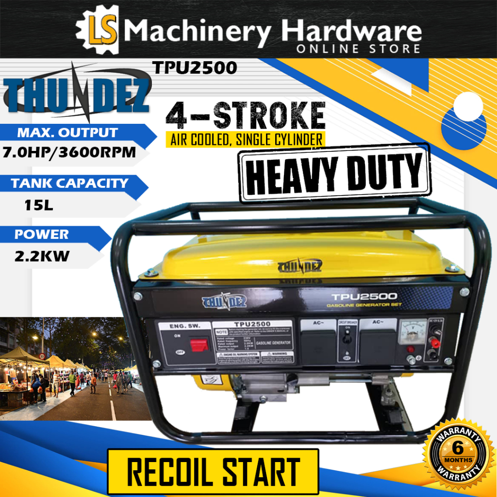 THUNDEZ 2.2KW/2200WATT GASOLINE PETROL GENERATOR TPU2500 - 4 STROKE WITH COOPER MOTOR - HEAVY ...
