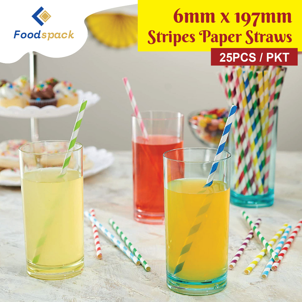 (25PCS/PKT) 6mm x 197mm Paper Straw with Stripes, Colorful Striped ...