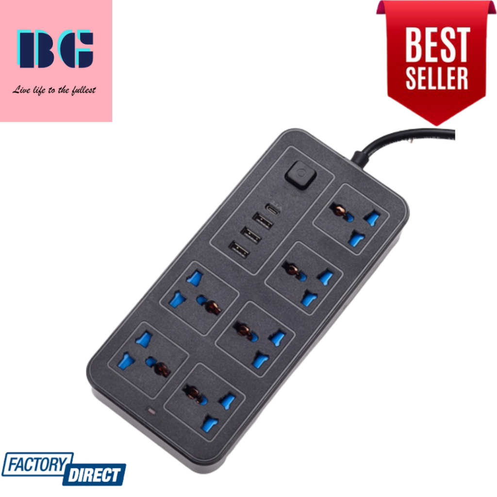BG USB C + 3 USB Port 6 Universal Power Strip Extension Plug Power ...