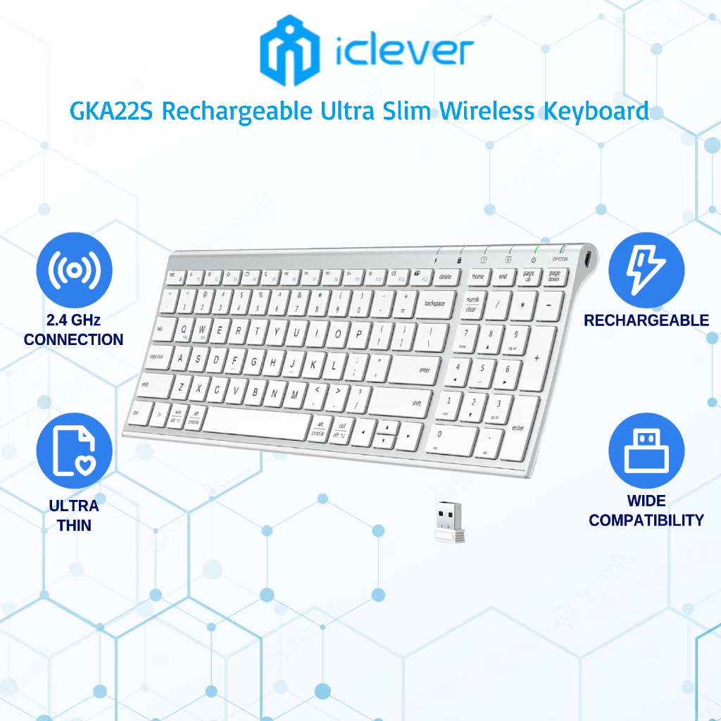 iClever GKA22S/B Rechargeable Keyboard with Number Pad, Full-Size ...