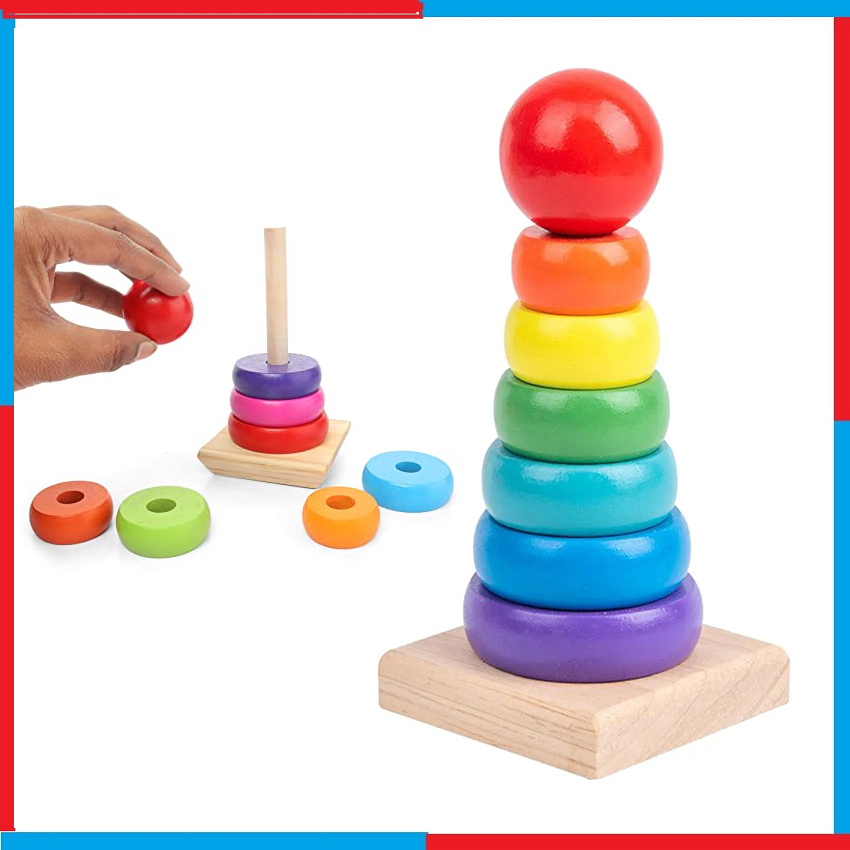 【Ready Stock】Rainbow Tower Wooden Toys Sorting Stacking Rings Building ...