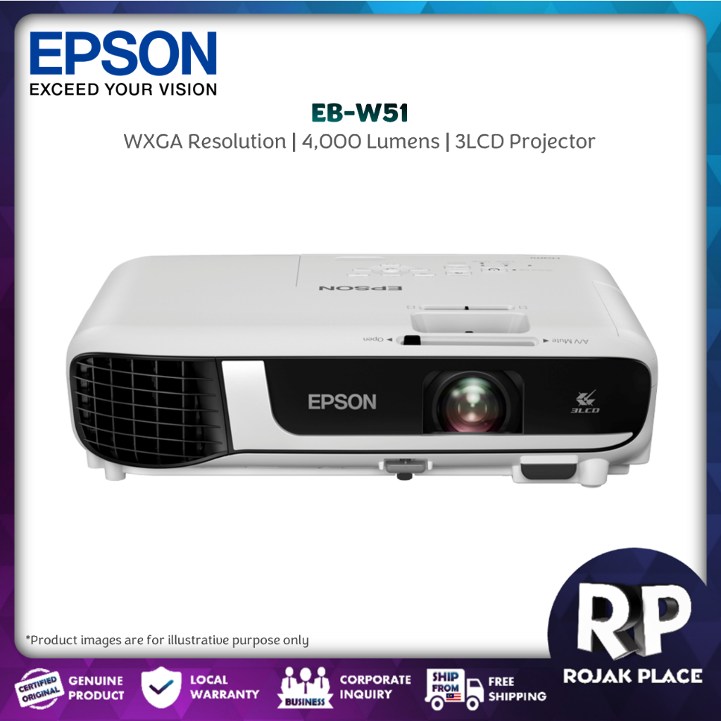 Epson EB-W51 WXGA 3LCD Projector 4000 Ansi Lumen 1280 x 800 HD Resolution 12000 Hours Lamp HDMI ...