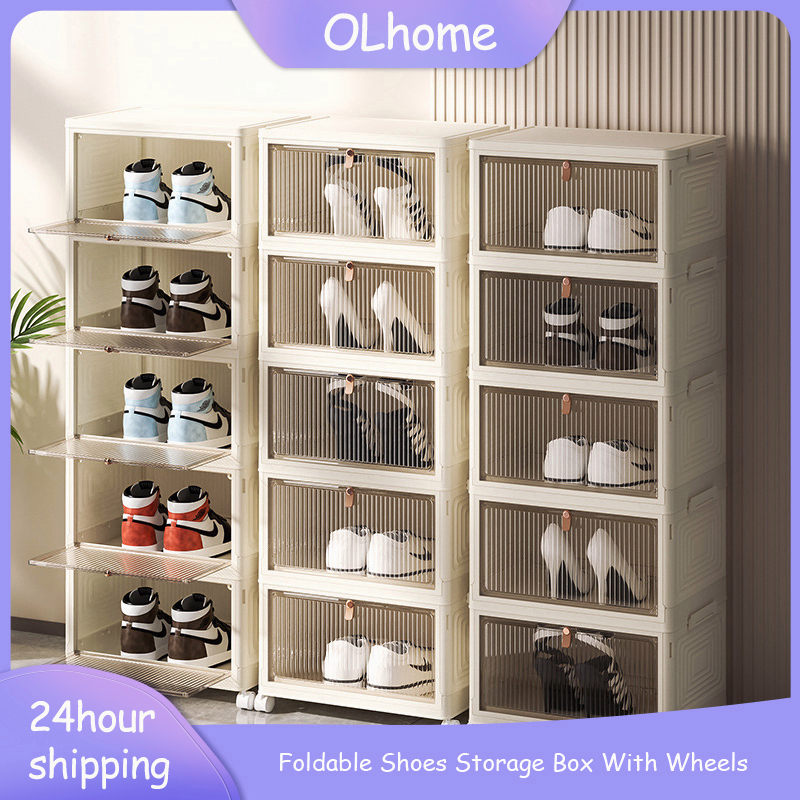 Foldable Shoes Storage Box With Wheels 2/3/4/5/6 Layers Shoes Storage ...