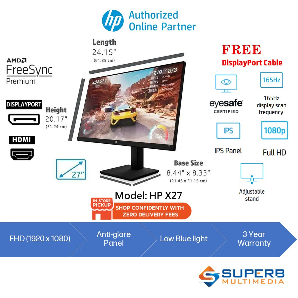 HP X27 FHD Gaming Monitor (27" FHD IPS, 1ms, 1 Display port, 1 HDMI ...