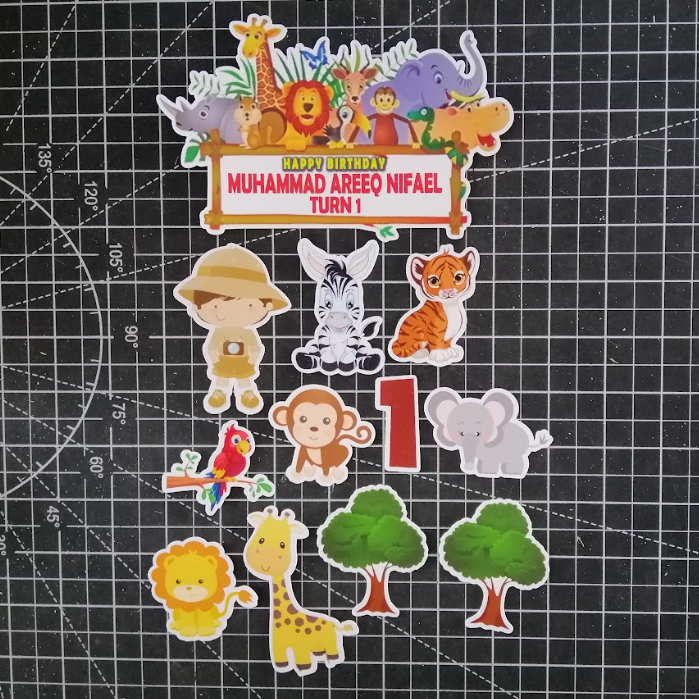 [CUSTOM NAME] Happy Birthday Cake Topper Safari Animals Decoration Set ...