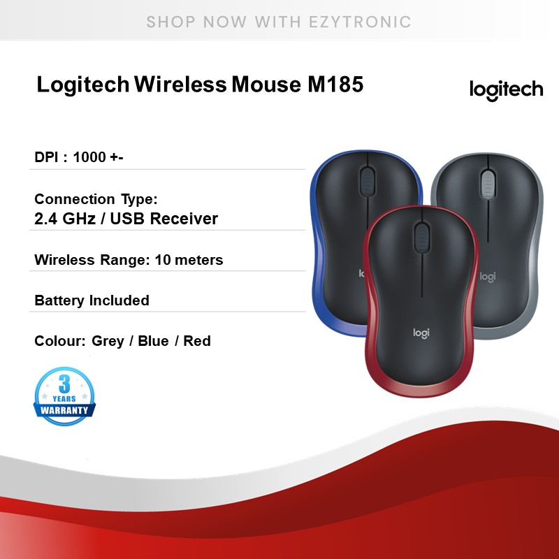 Logitech M185 Wireless Mouse - 1000 dpi | 2.4 GHz / USB Connect | Grey ...