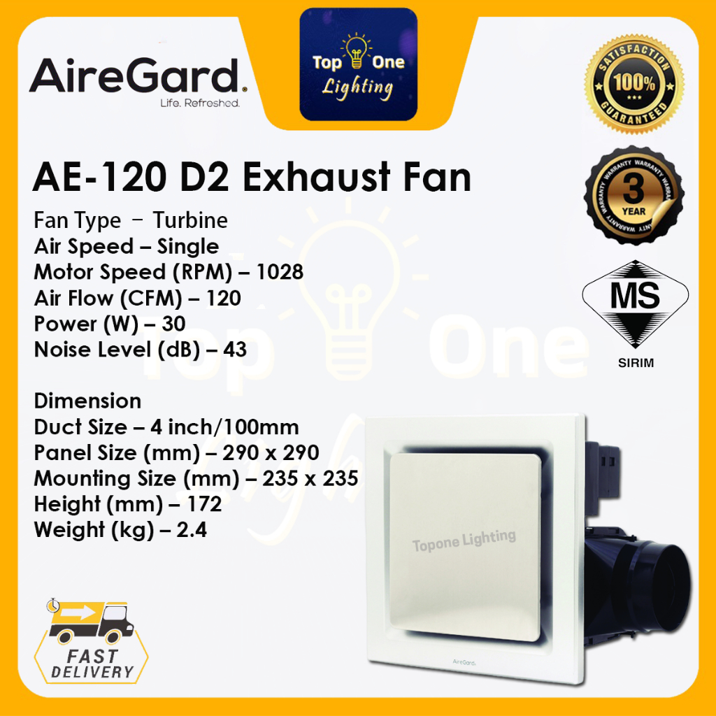 AireGard AE-120 D2 Air Ventilation Exhaust Fan (Square) 1028RPM Speed 43dB Noise Eco Series ...