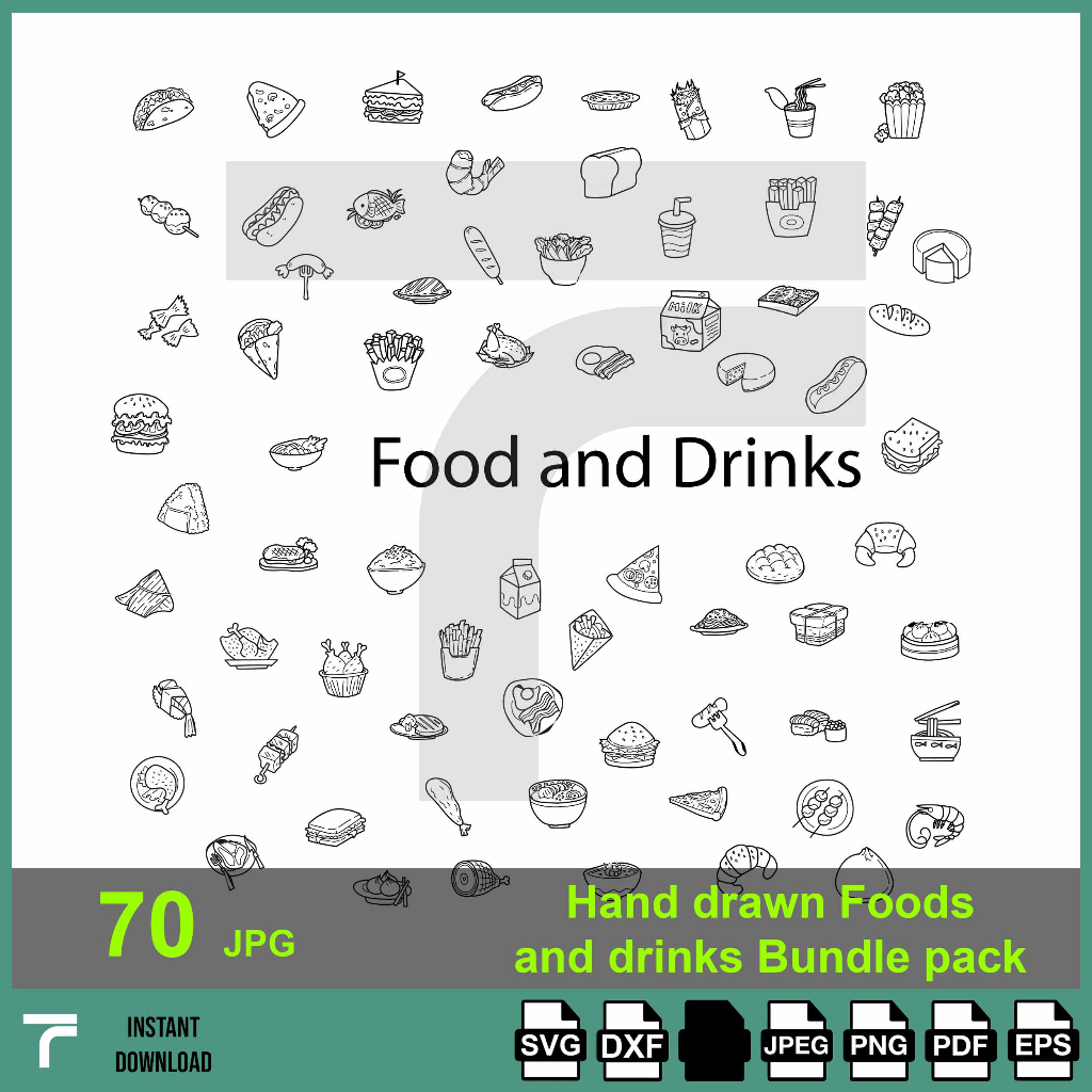 TF084 - 70pcs Food and drinks doodles png bundle, hand drawn doodle art ...