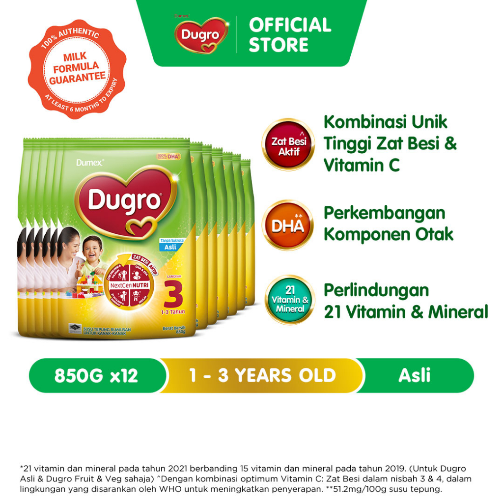 Dumex Dugro Step 3 Original/Asli Growing Up Milk Formula 1-3 years (850g x 12) (Susu, Milk ...