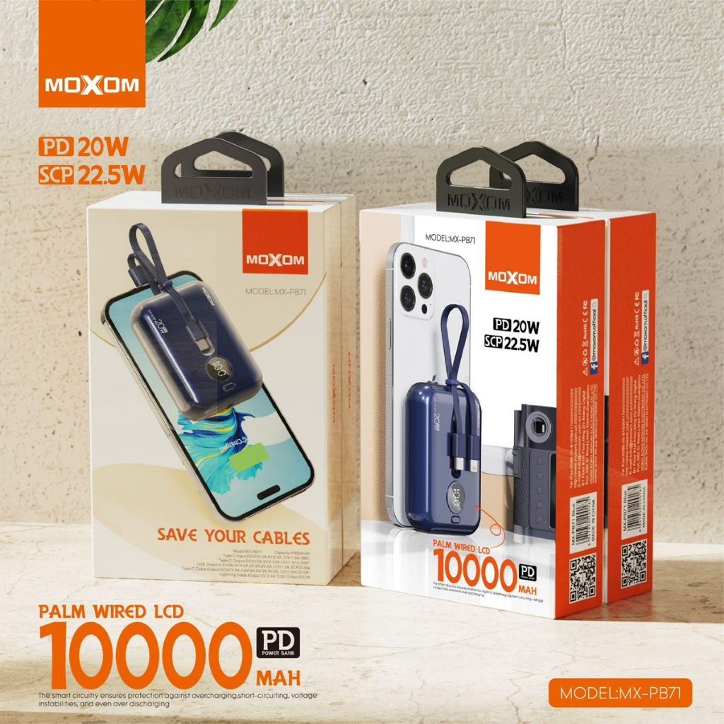 MOXOM MX-PB71 PALM SERIES BUILT-IN C & L CABLE WITH DIGITAL DISPLAY 10000MAH POWER BANK SCP 22 ...