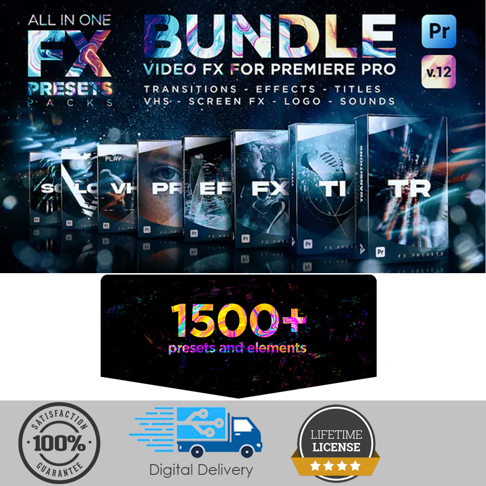 PR - FX Presets Pack v1-v12 Incl. transitions, text titles, VHS cc, LUTS icons, logo, animation ...