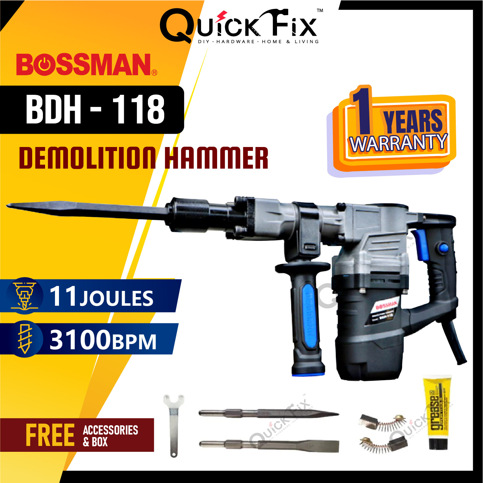QuickFix BOSSMAN BDH-118 Demolition Hammer 1100W Heavy Duty Pick Break ...