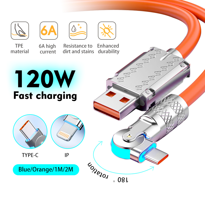 Charge Cable 180 Degree 6A USB Super Charge For 120W Charger Type C ...