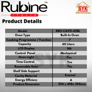 SYK Free Shipping Rubine RBO-CAVO-60BL Build In Oven 60 Liters Electric Oven RMO-OREO-28BL Grill ...