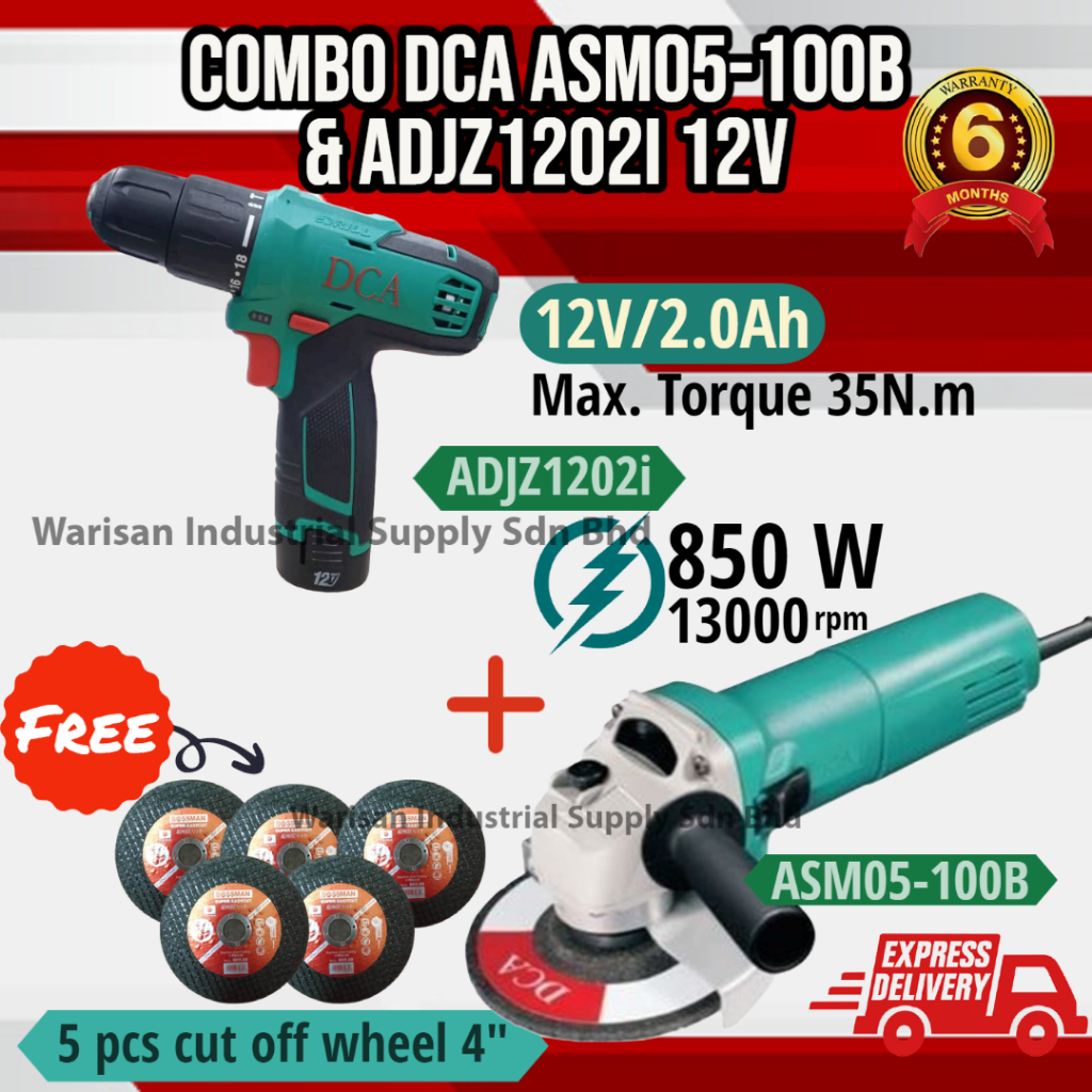COMBO DCA ASM05-100B ANGLE GRINDER 850W & DCA ADJZ1202i (TYPE E) CORDLESS HAMMER DRILL 12V ...