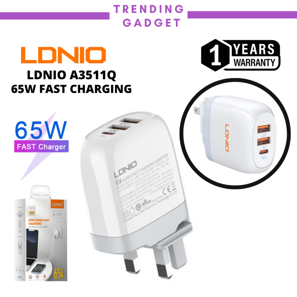 LDNIO A3511Q 65W GaN Super Fast Charging QC3.0 + PD 65W UK Charger ...