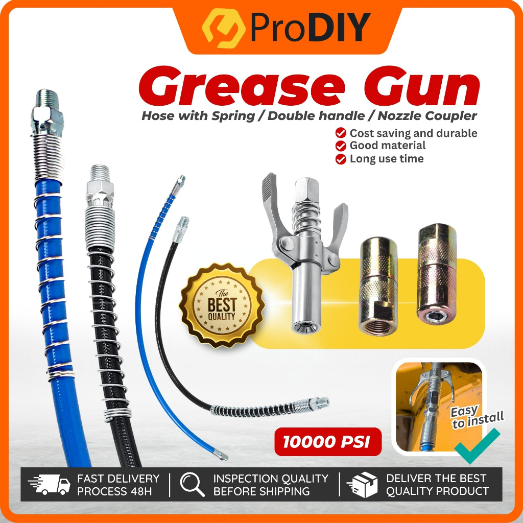 10000PSI GREASE GUN Double Handle-Flexible Hose-Nozzle Coupler ...