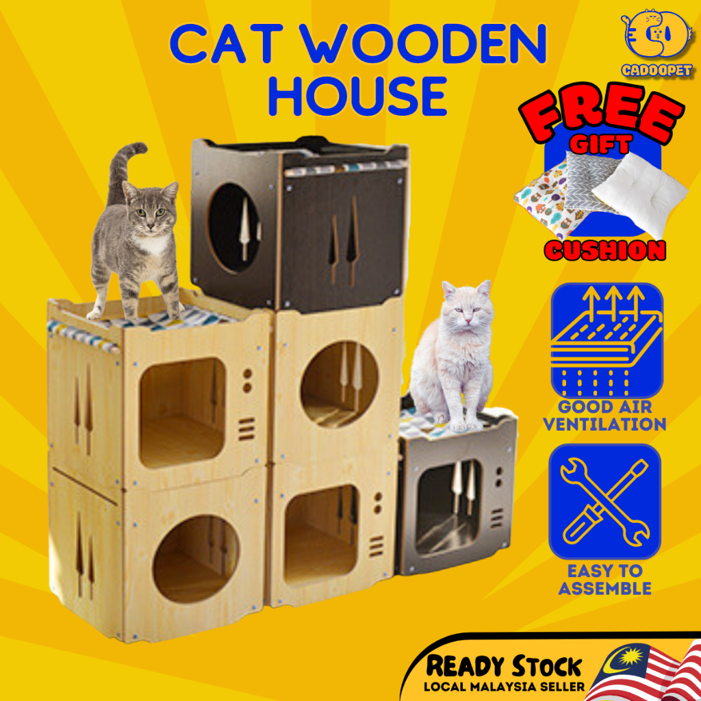 Wooden Cat House | Kotak Kayu Kucing | FREE Hammock & Thick Cushion 猫箱 ...