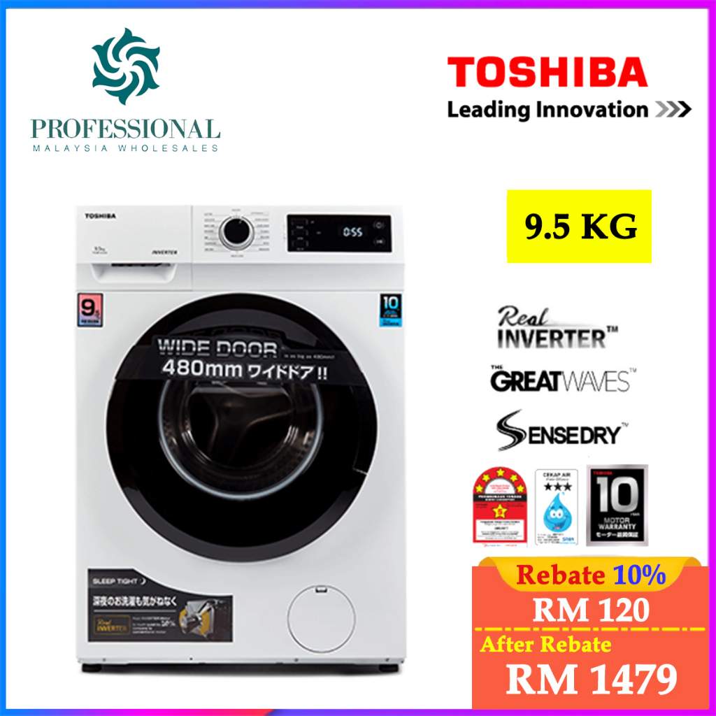 Toshiba 9.5KG Front Load Real Inverter Washer TW-BK105S2M / Washing Machine / Mesin Basuh ...