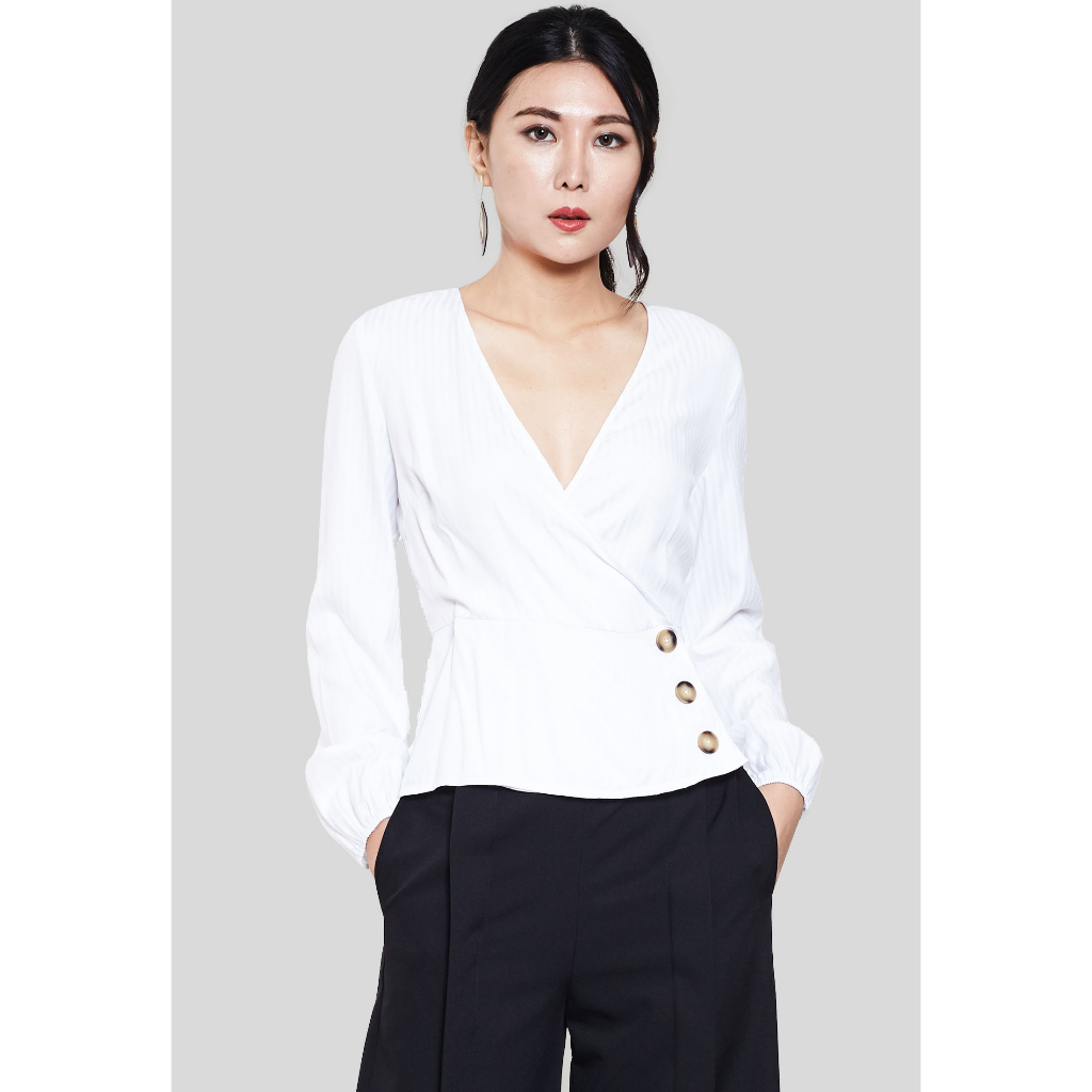 nichii Side Button Wrap Blouse In Off White (LC1693SV) | Shopee Malaysia
