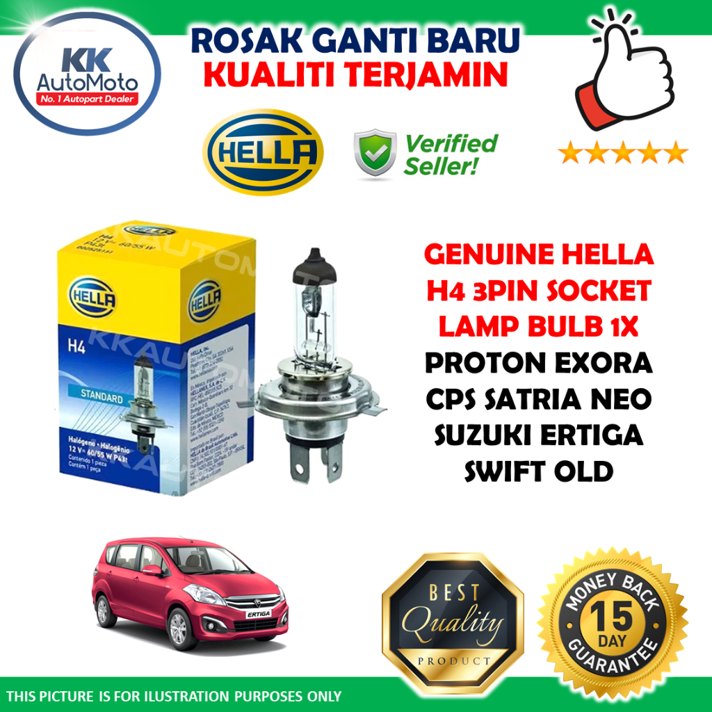 1 Biji Genuine Hella H4 3PIN 12V 60/55W Proton Exora CPS Satria Neo ...