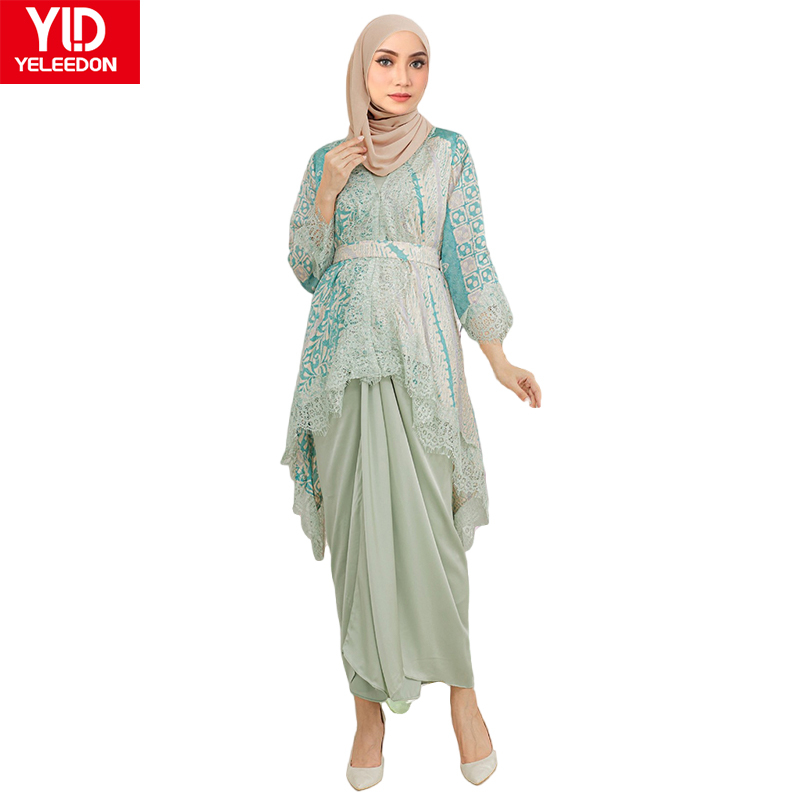 Yeleedon Baju Kurung V Neckline Lace Embroidery Loose Sleeve Baju Raya ...
