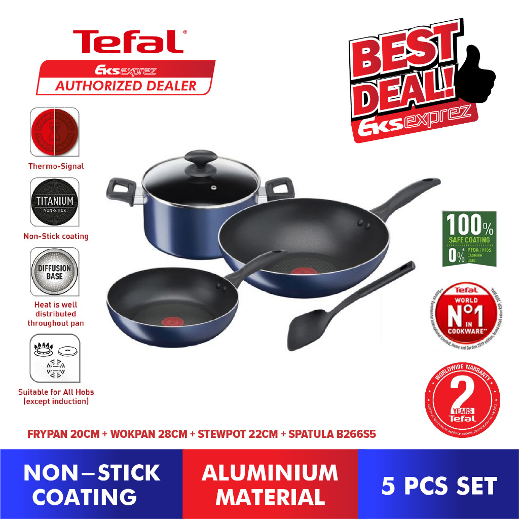 Tefal Clear Cook 5 Pcs Set B266S5 (20cm Frypan + 28cm Wokpan + 22cm Stewpot with Lid +Spatula ...