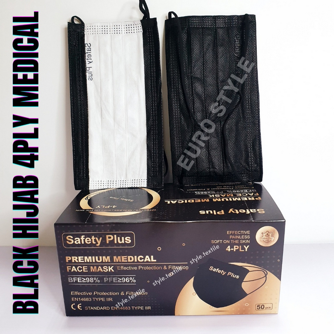 Medishield 50pcs Full Black Mask 3ply Face Mask Hijab Mask Head Loop ...