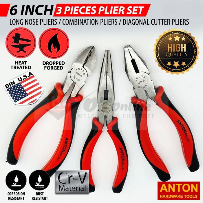 3pcs 6” Plier Set / 6” Long Nose Pliers / 6” Combination Pliers / 6 ...