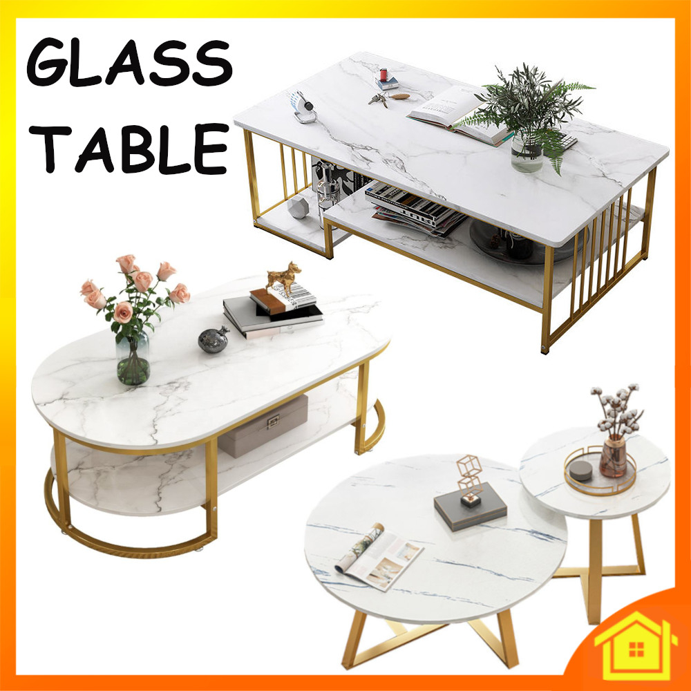 [OneHome] Coffee Glass Table Round Marble Nordic Style Premium Quality Minimalist Elegant Meja ...