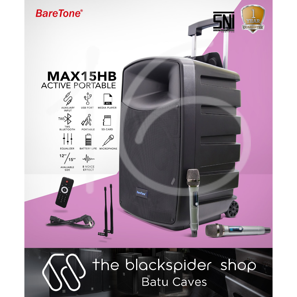 Baretone MAX15HB 15" Portable Speaker with Two UHF Wireless Microphone ...